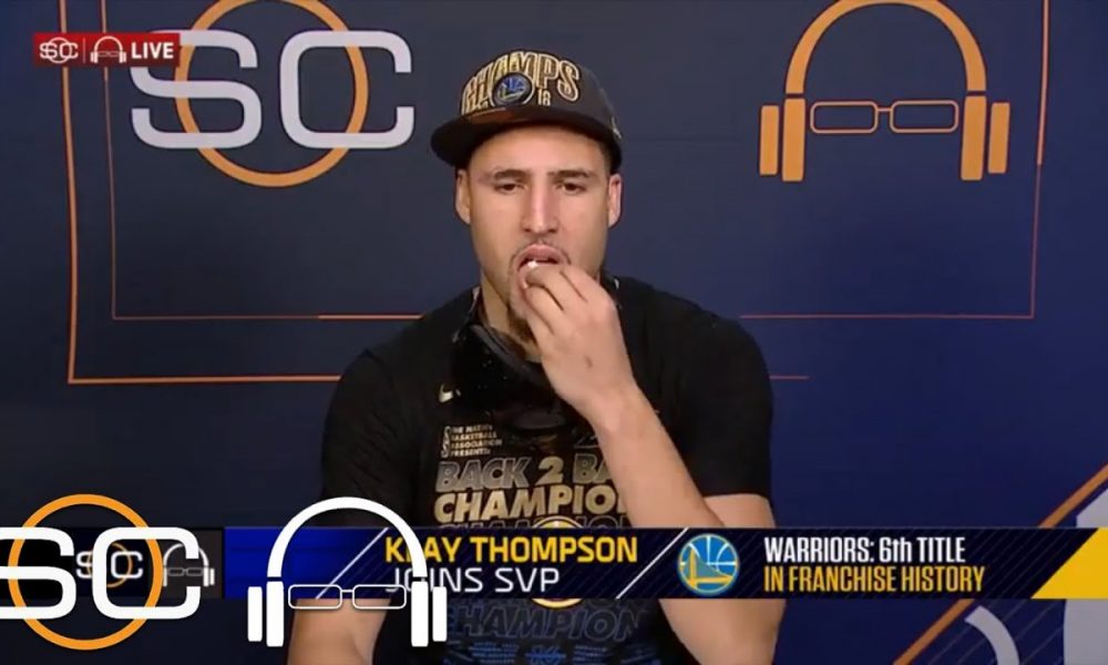 Klay Thompson joins SportsCenter to eat popcorn and celebrate third NBA ...